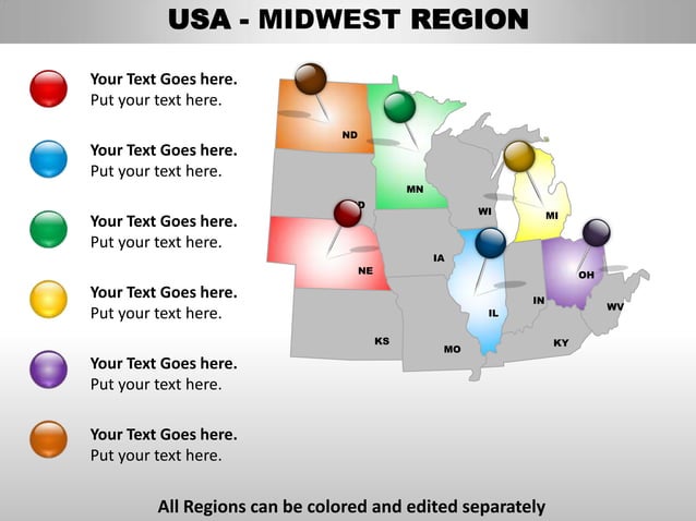 Usa midwest region country editable powerpoint maps with states and ...