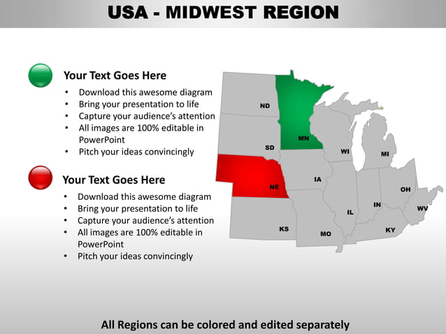 Usa midwest region country editable powerpoint maps with states and ...