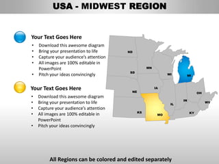 Usa midwest region country editable powerpoint maps with states and ...