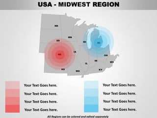 Usa midwest region country editable powerpoint maps with states and ...