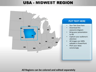Usa midwest region country editable powerpoint maps with states and ...