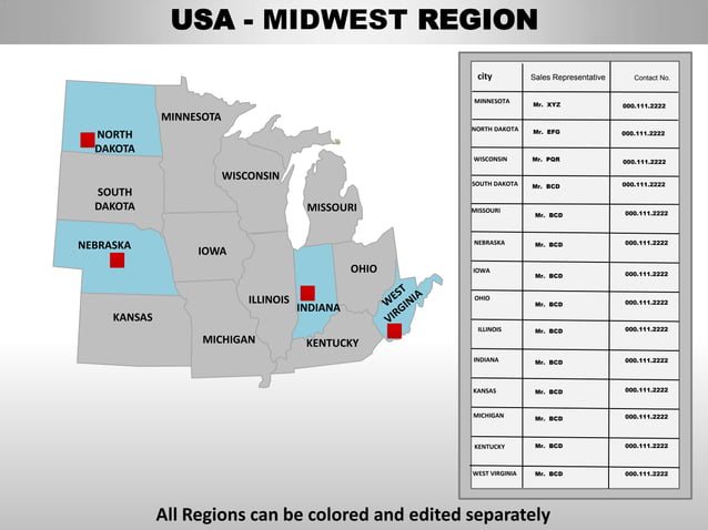 Usa midwest region country editable powerpoint maps with states and ...