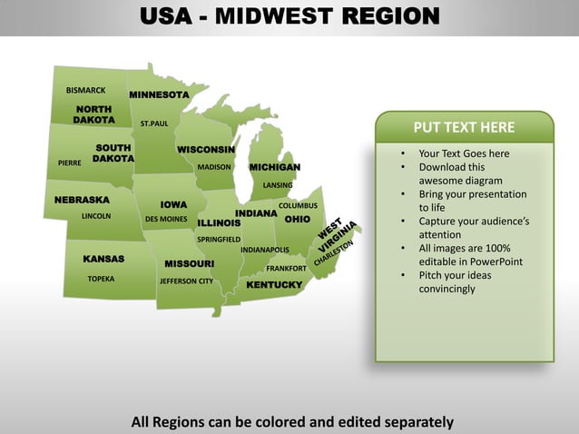 Usa midwest region country editable powerpoint maps with states and ...