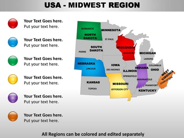 Usa midwest region country editable powerpoint maps with states and ...