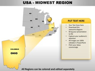 Usa midwest region country editable powerpoint maps with states and ...