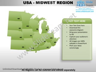 Usa midwest region country editable powerpoint maps with states and ...