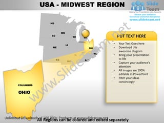 Usa midwest region country editable powerpoint maps with states and ...