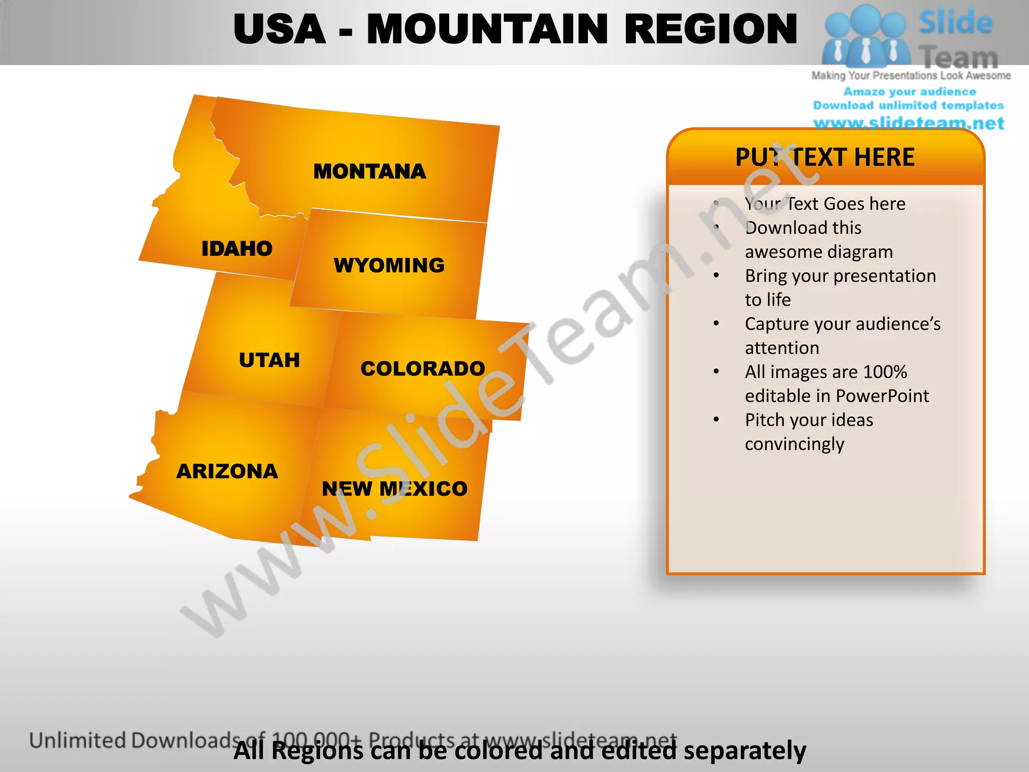 Usa mountain region country editable powerpoint maps with states and ...