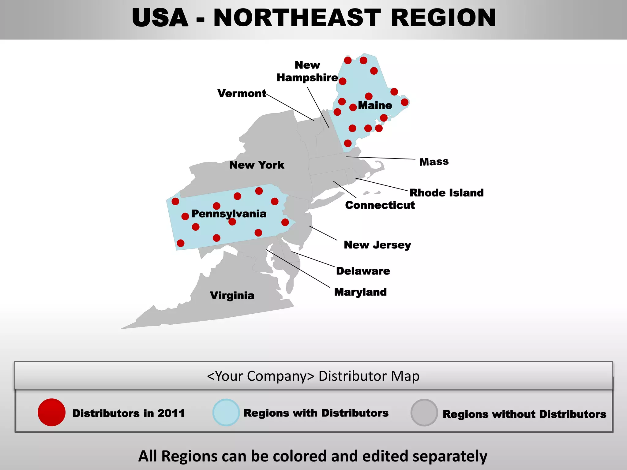 Usa northeast region country editable powerpoint maps with states and ...