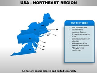 Usa northeast region country editable powerpoint maps with states and ...
