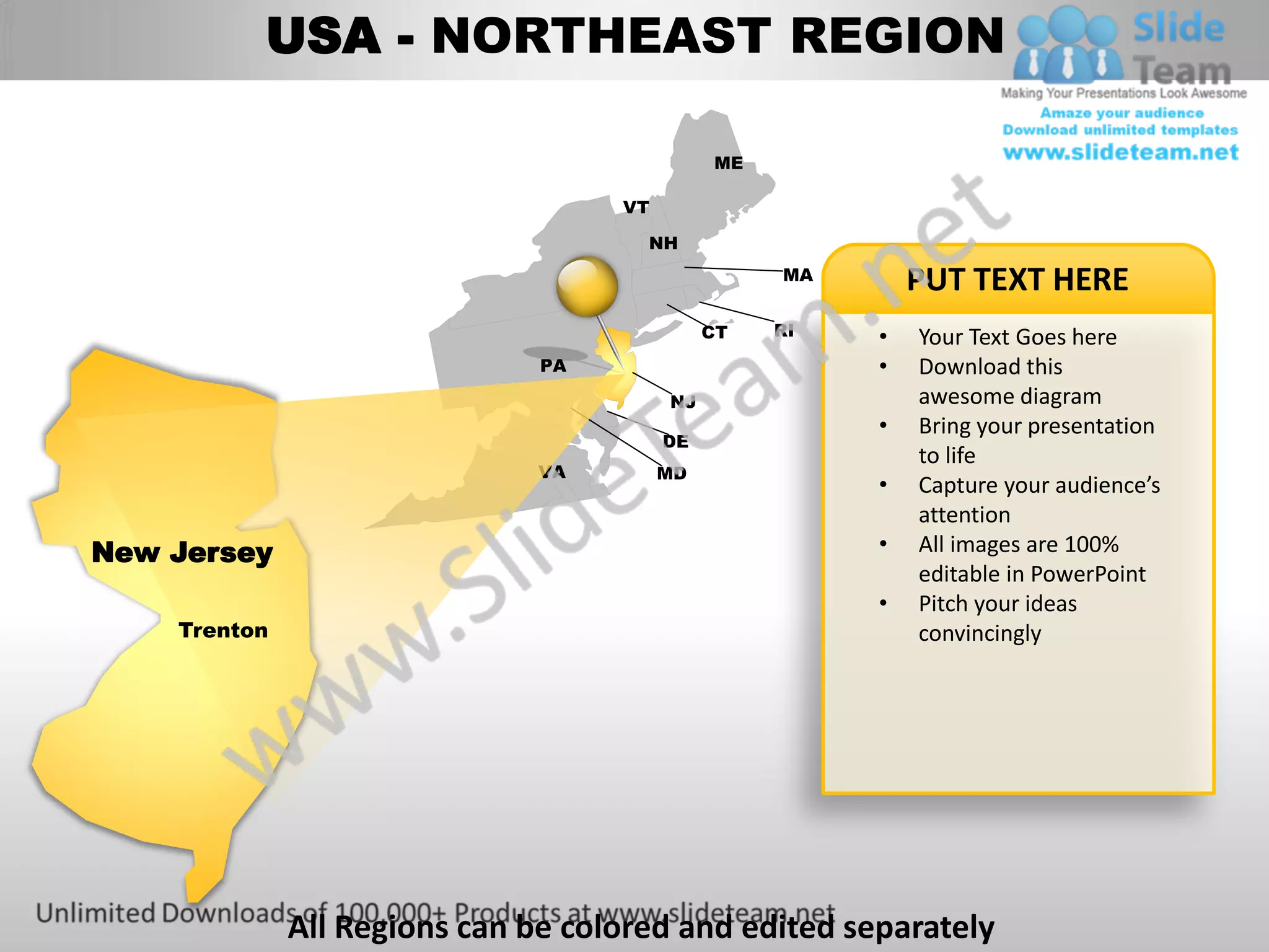 Usa northeast region country editable powerpoint maps with states and ...