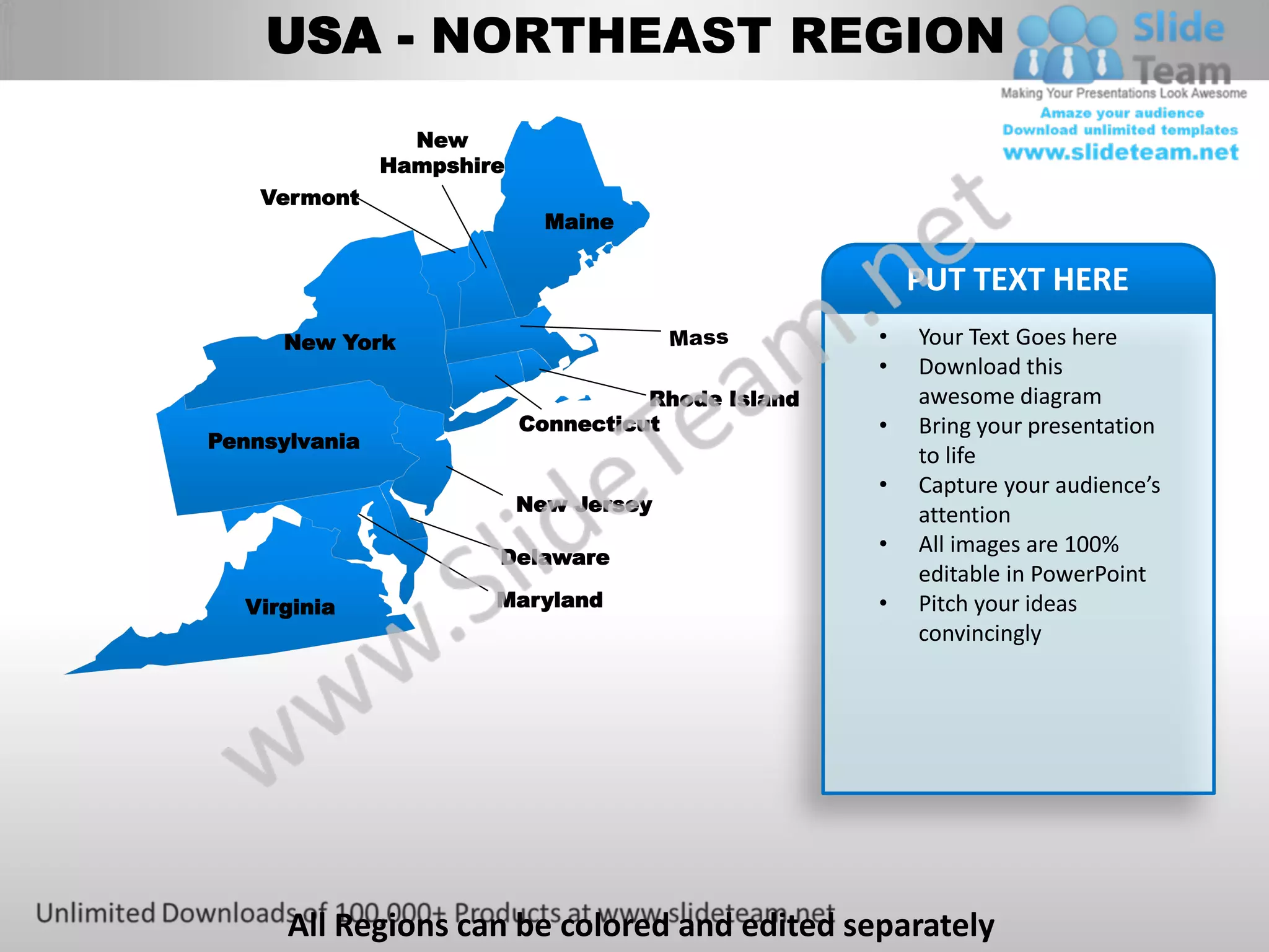 Usa northeast region country editable powerpoint maps with states and ...