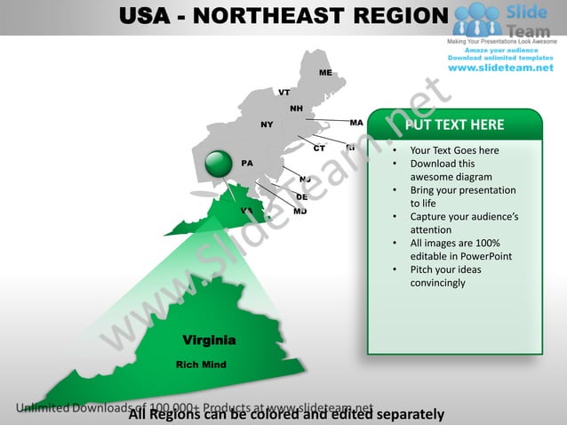 Usa northeast region country editable powerpoint maps with states and ...