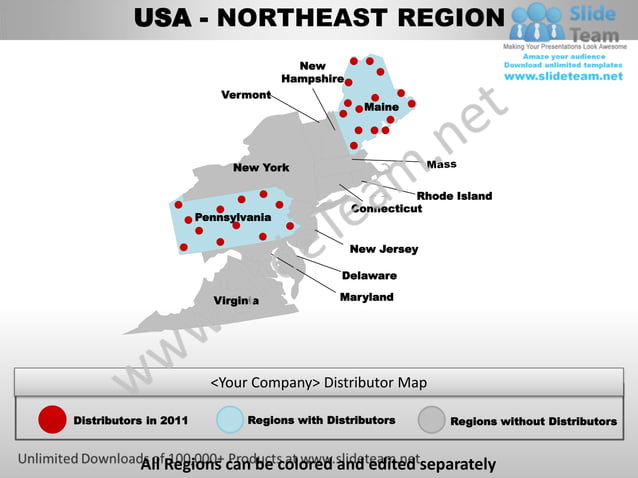 Usa northeast region country editable powerpoint maps with states and ...