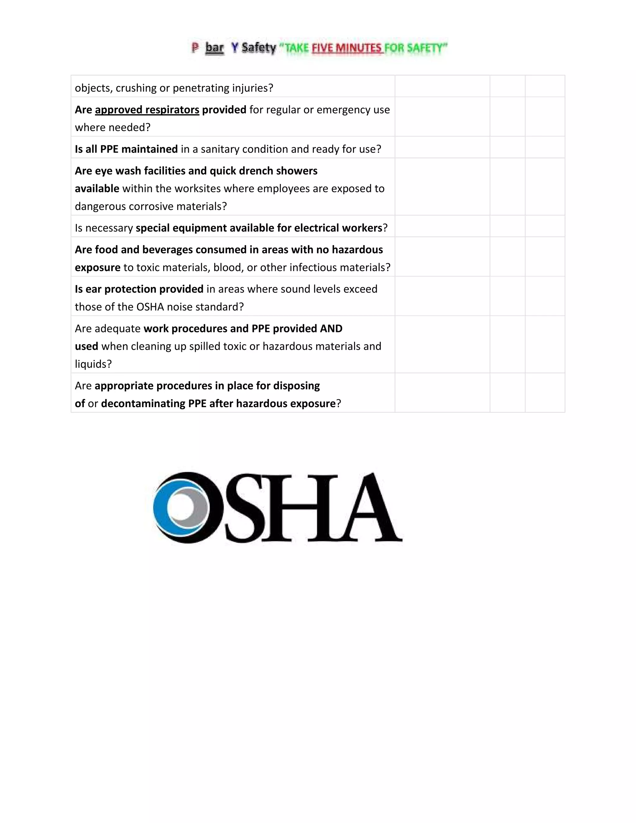 Usa safe work procedures self inspection for ppe | PDF