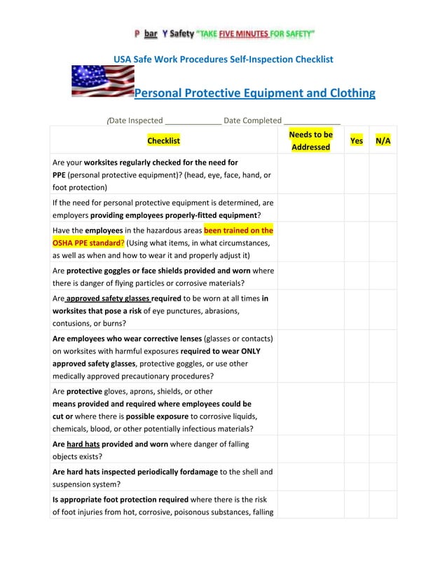 Usa safe work procedures self inspection for ppe | PDF