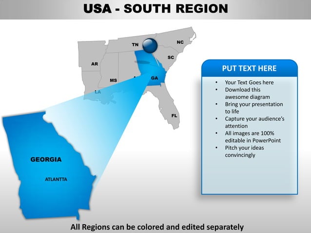 Usa south region country editable powerpoint maps with states and ...