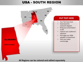 Usa south region country editable powerpoint maps with states and ...