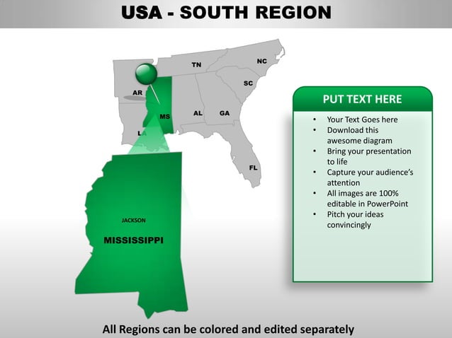 Usa south region country editable powerpoint maps with states and ...