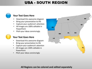 Usa south region country editable powerpoint maps with states and ...