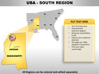 Usa south region country editable powerpoint maps with states and ...