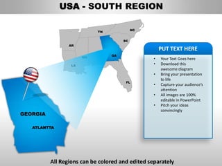 Usa south region country editable powerpoint maps with states and ...