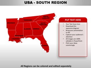 Usa south region country editable powerpoint maps with states and ...