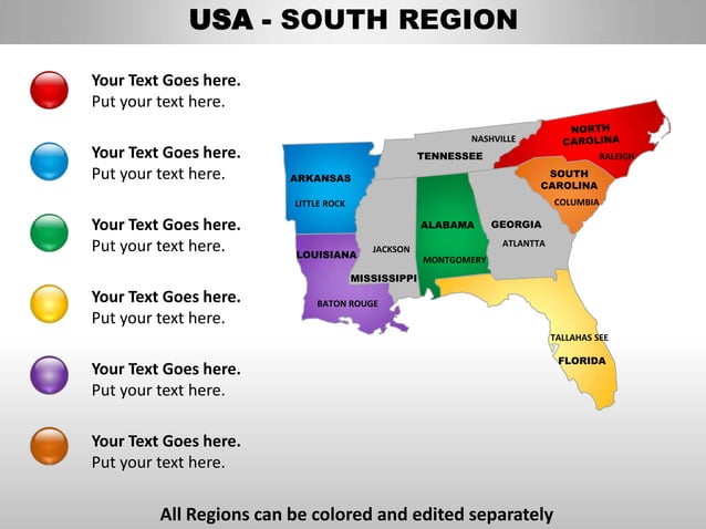 Usa south region country editable powerpoint maps with states and ...