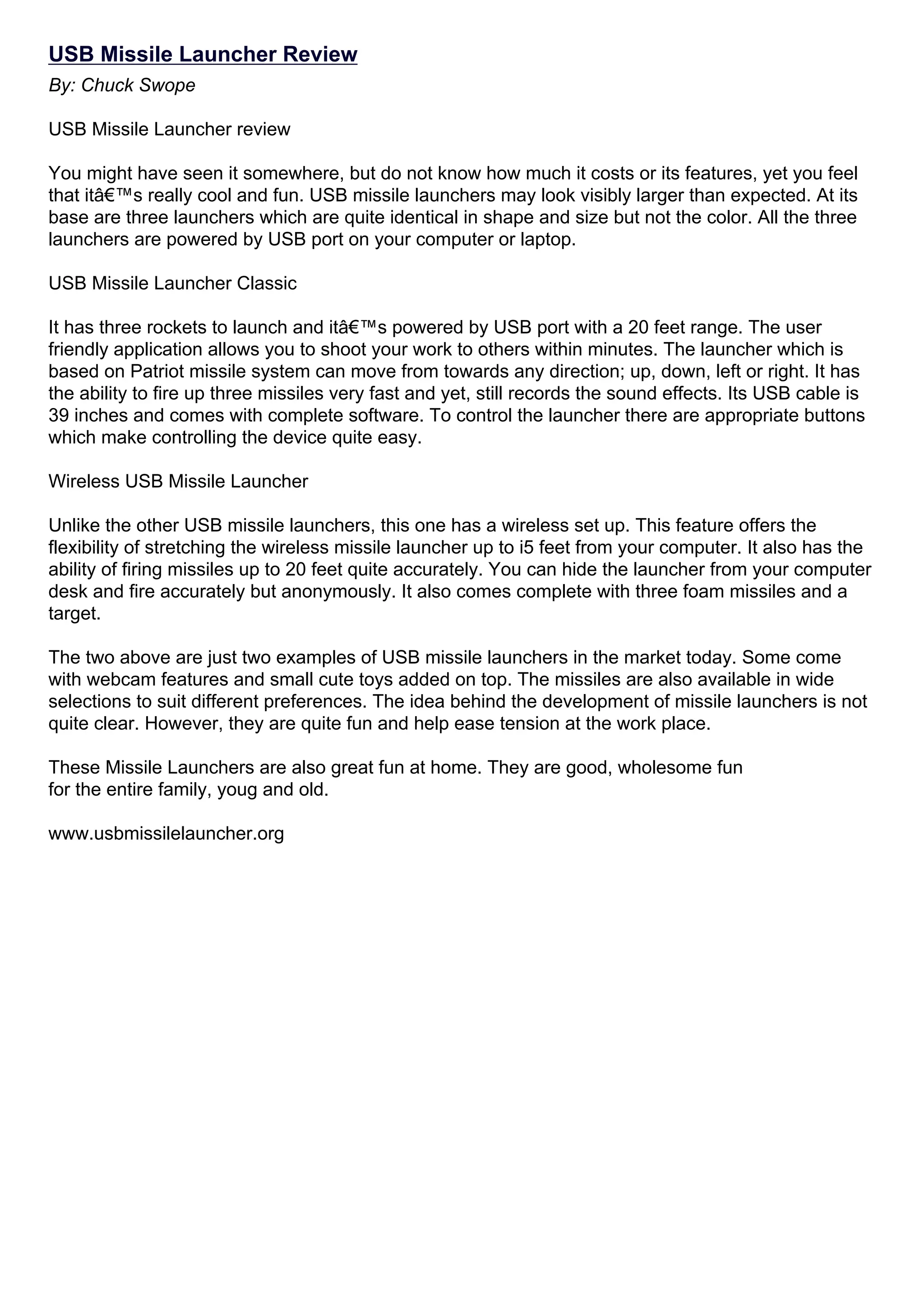 Usb missile launcher the fun never stops | PDF