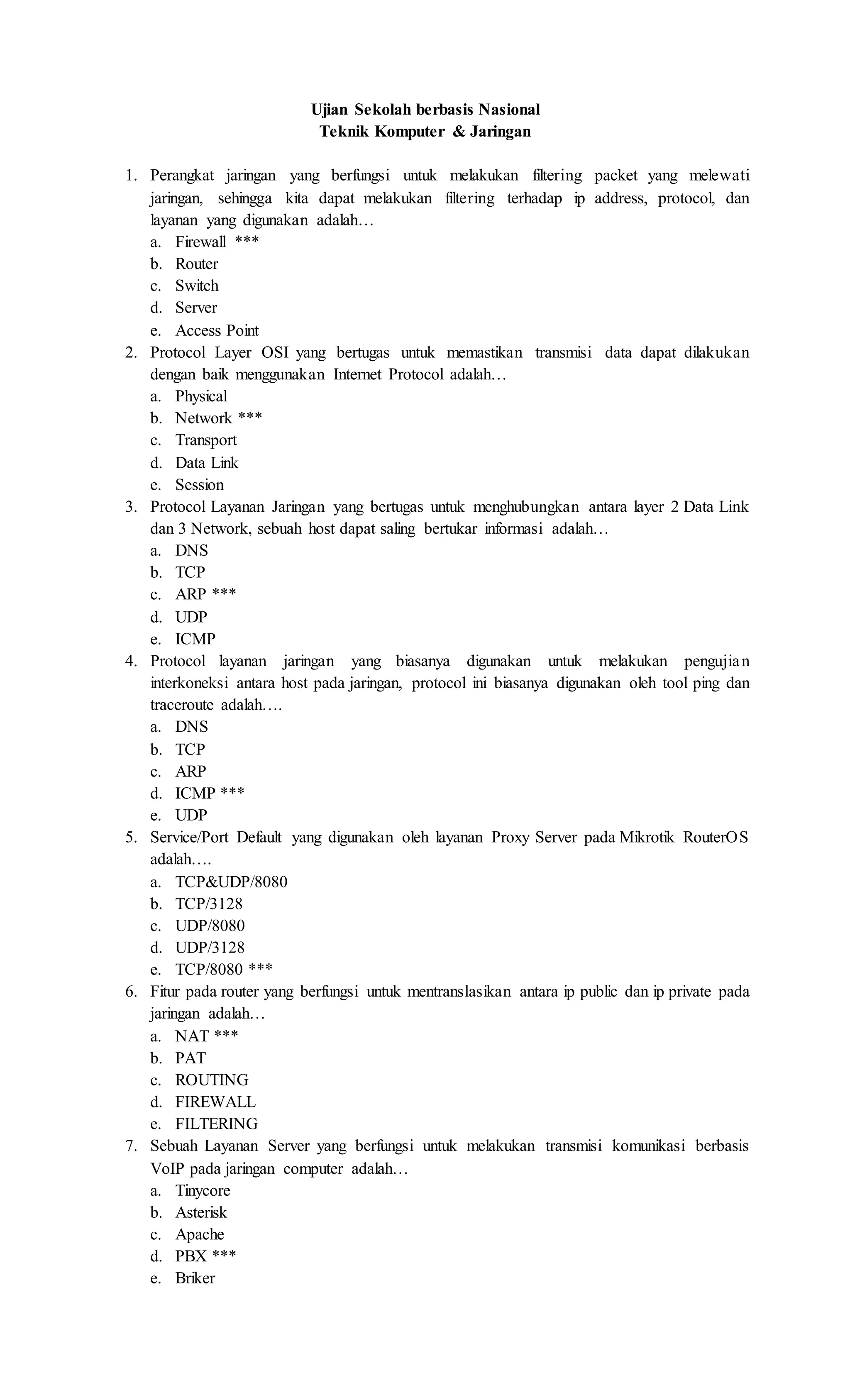 Soal USBN TKJ - Teori Kompetensi Keahlian Jaringan TP. 2019/2020 | DOCX