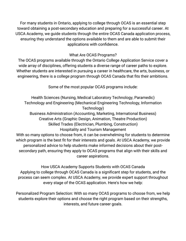 USCA Academy International School: Your Guide to OCAS Programs and Opportunities in Canada ...