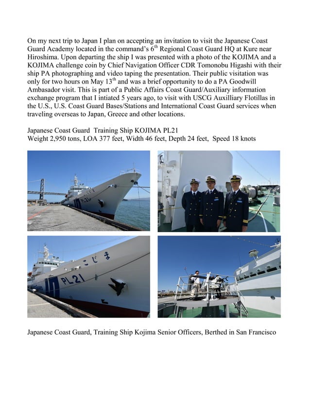 Japanese Coast Guard Academy Training Cutter KOJIMA, 2016 SF, Roger Bazeley USCG-AUX Report ...