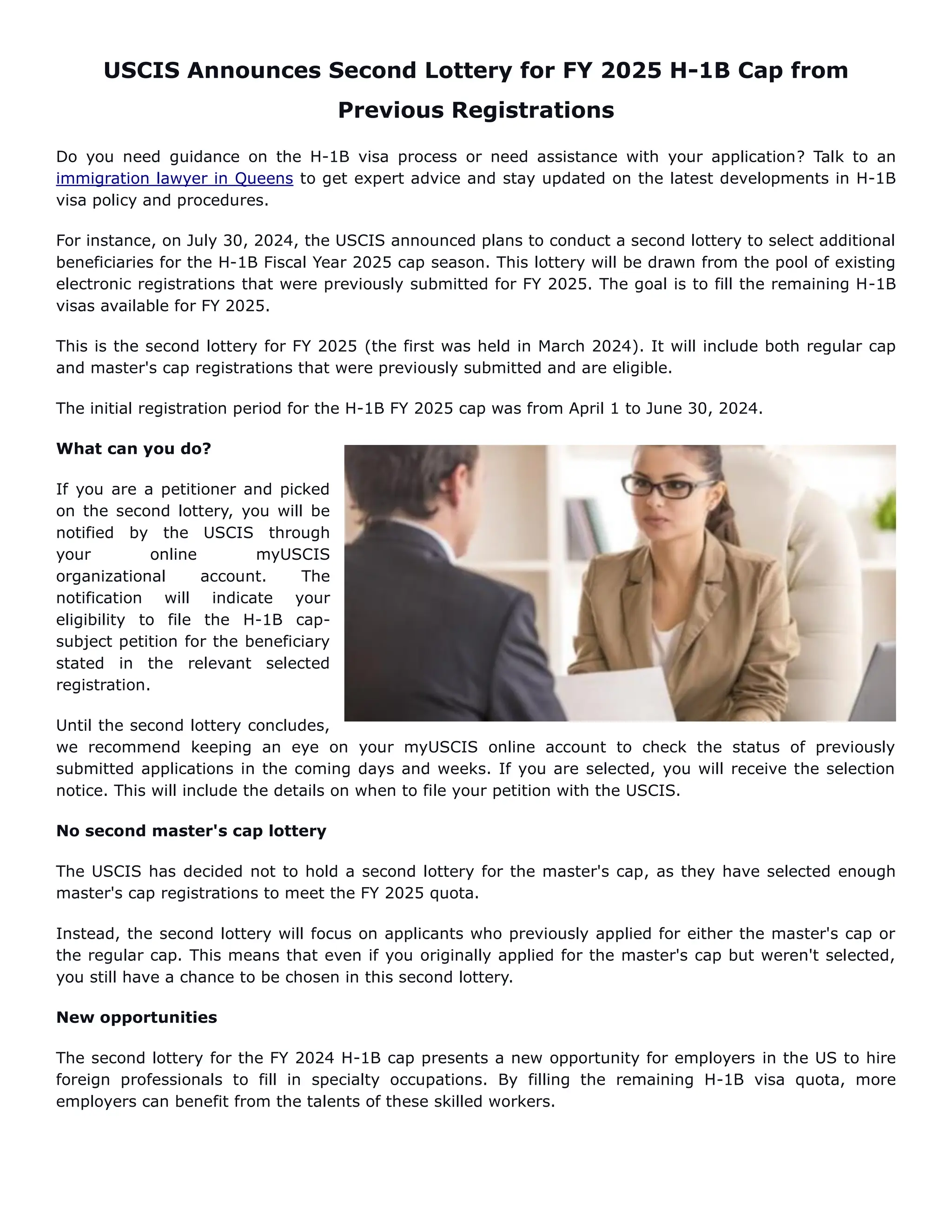 USCIS Announces Second Lottery for FY 2025 H-1B Cap from Previous Registrations | PDF