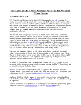 New Alerts: USCIS to Allow Additional Applicants for Provisional Waiver ...