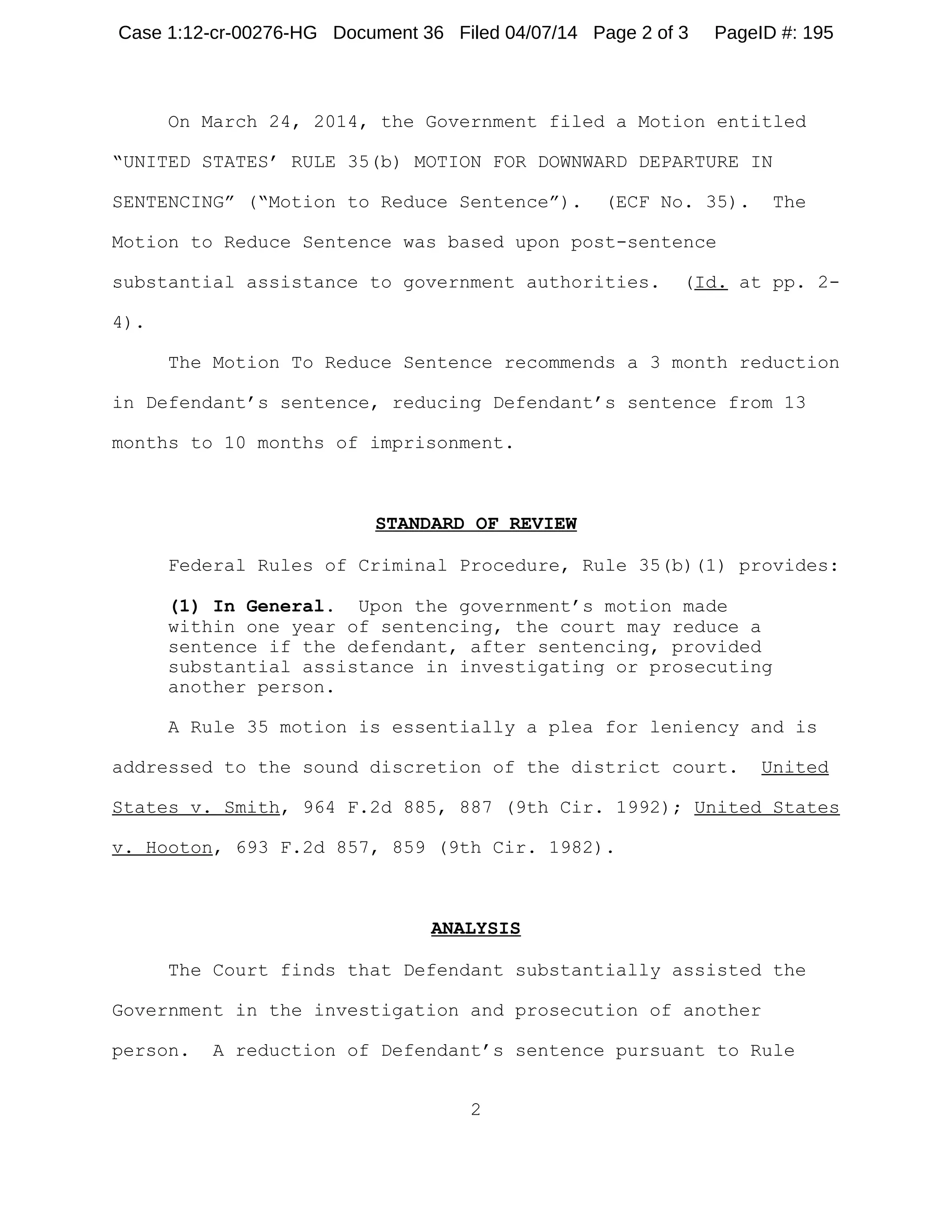 Rule 35(b) Substantial Assistance Post Sentence | PDF