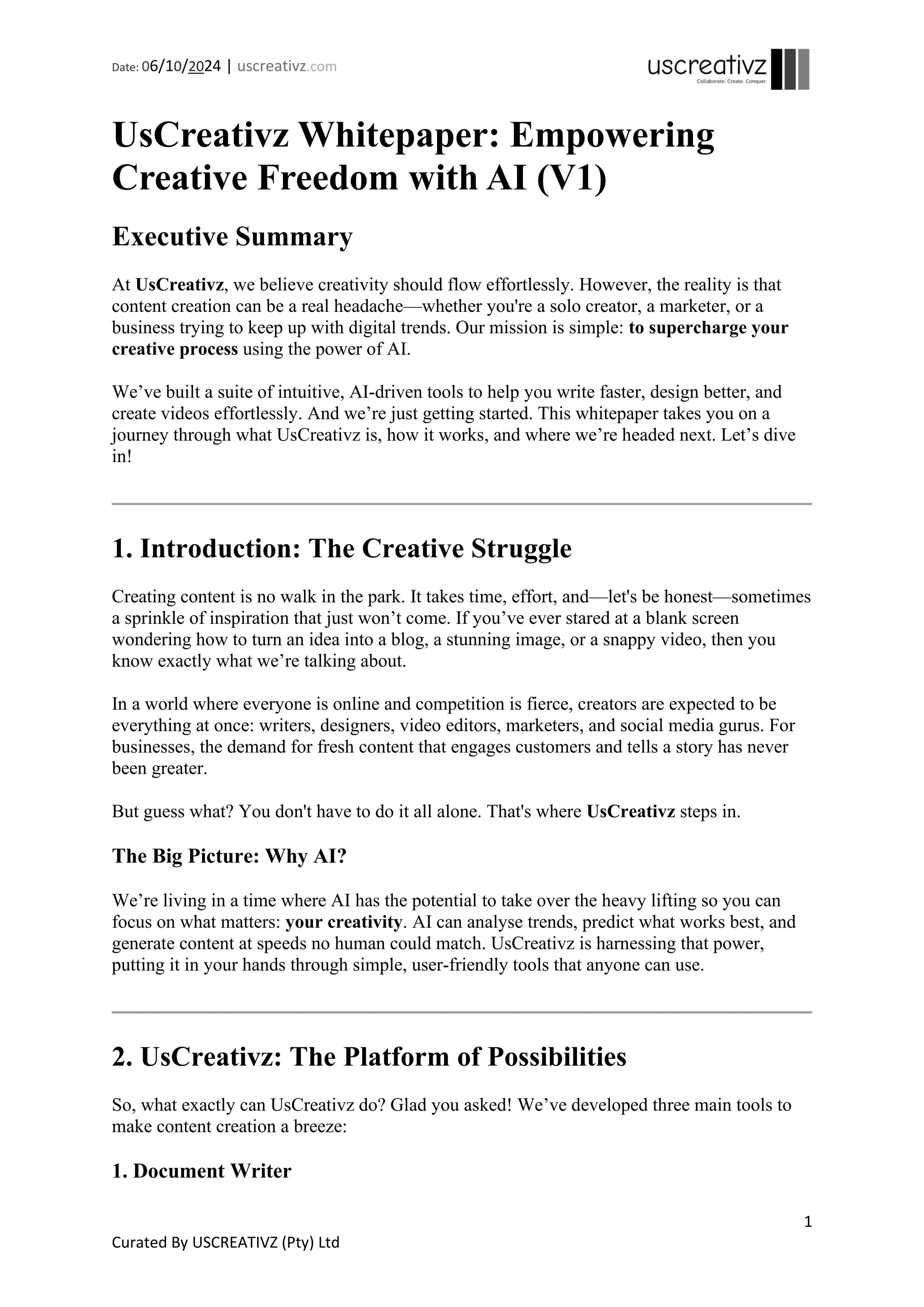 UsCreativz Whitepaper (v1) | Collaborate, Create, Conquer | PDF