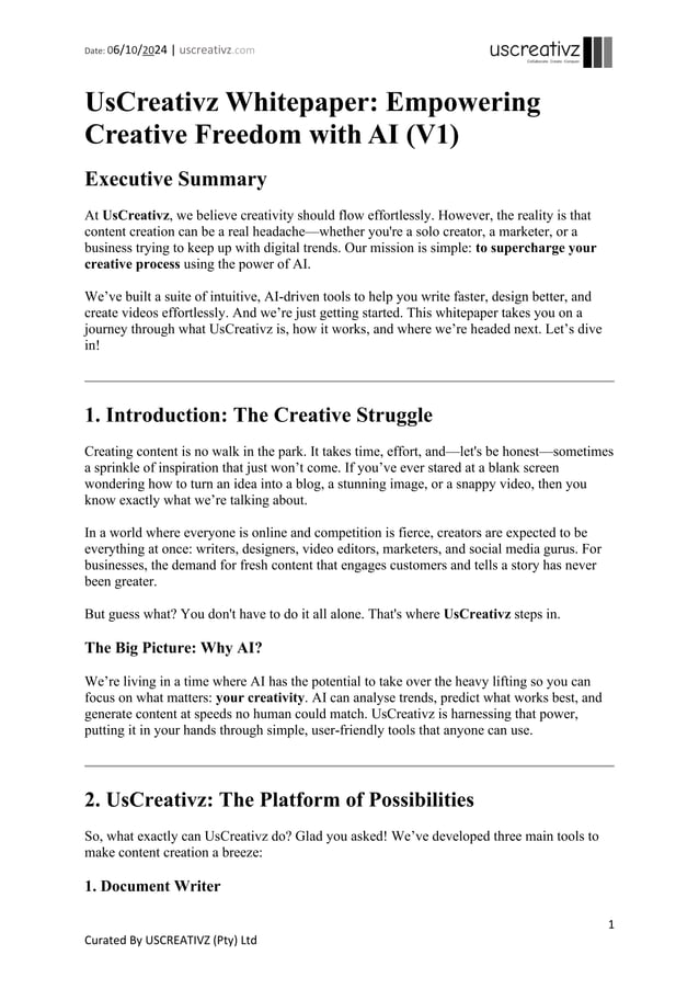 UsCreativz Whitepaper (v1) | Collaborate, Create, Conquer | PDF