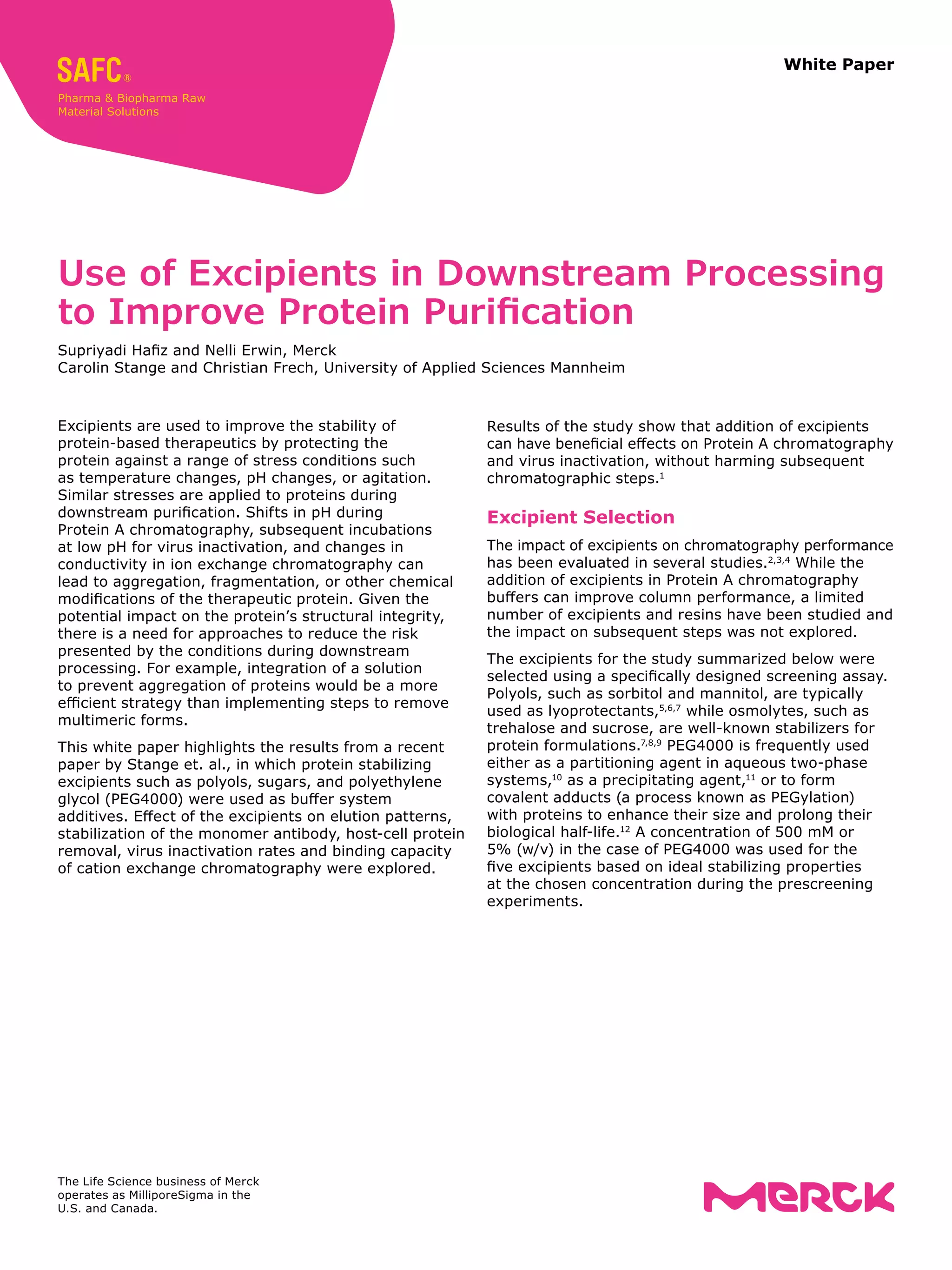 Use of Excipients in Downstream Processing to Improve Protein ...