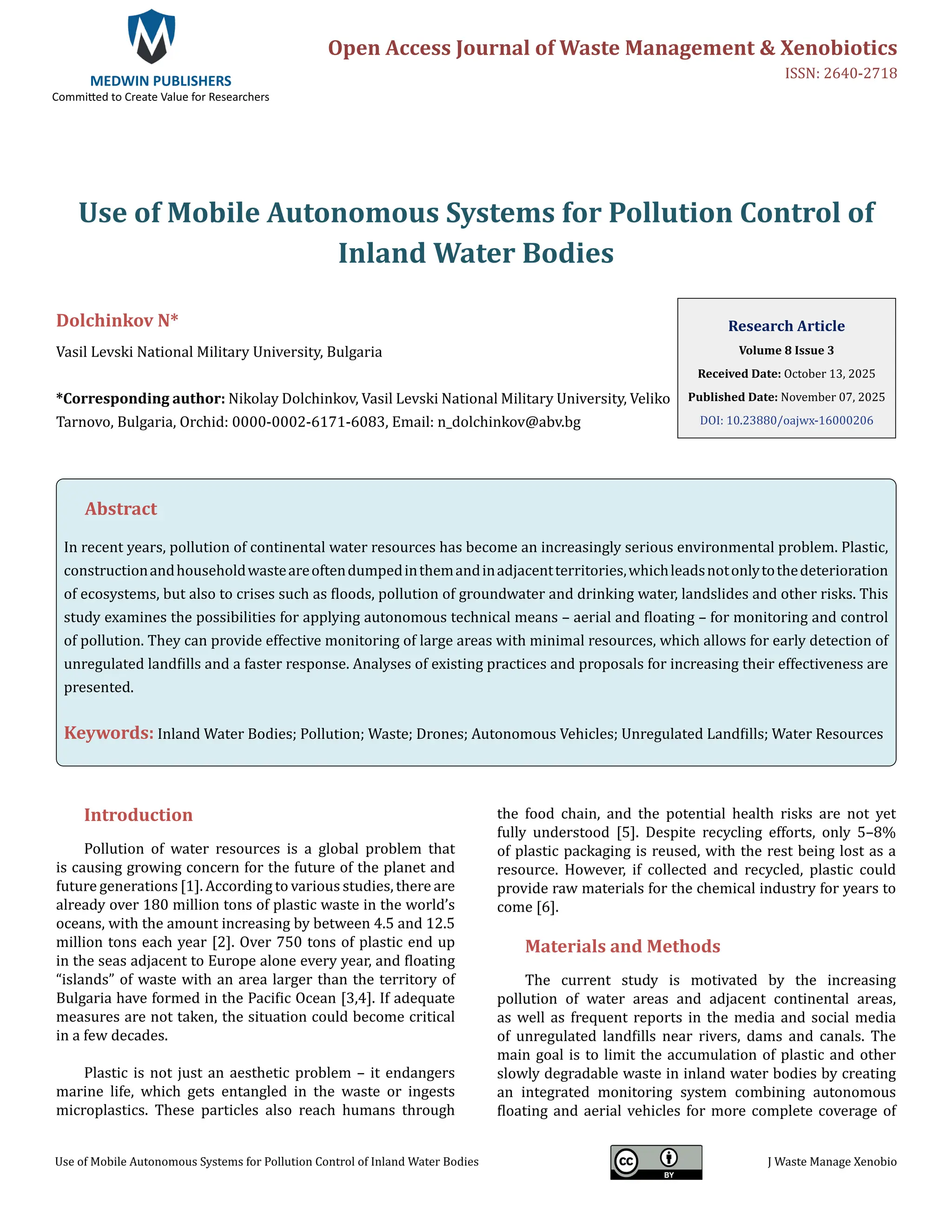 Use of Mobile Autonomous Systems for Pollution Control of Inland Water ...