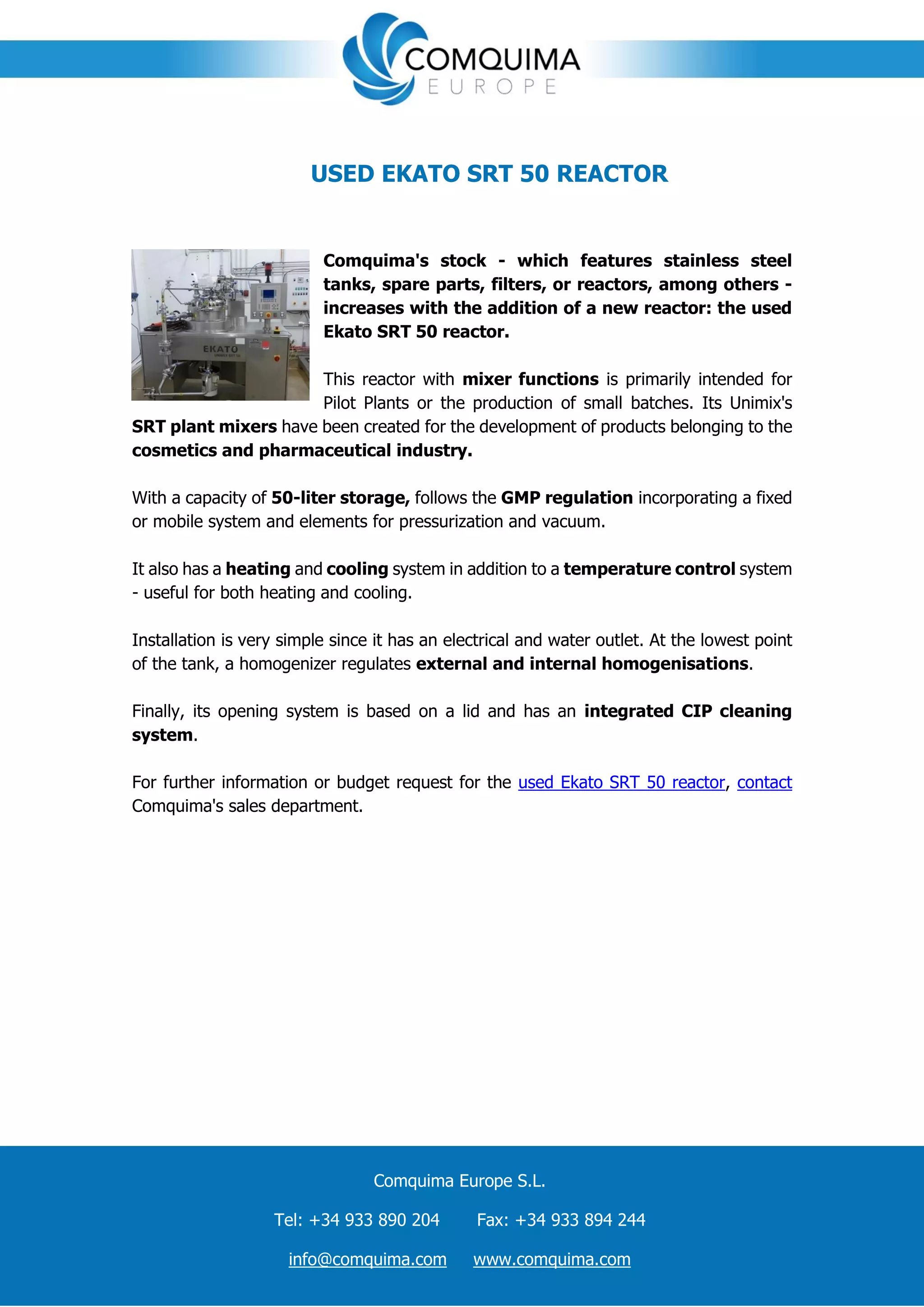 Used ekato srt 50 reactor | PDF