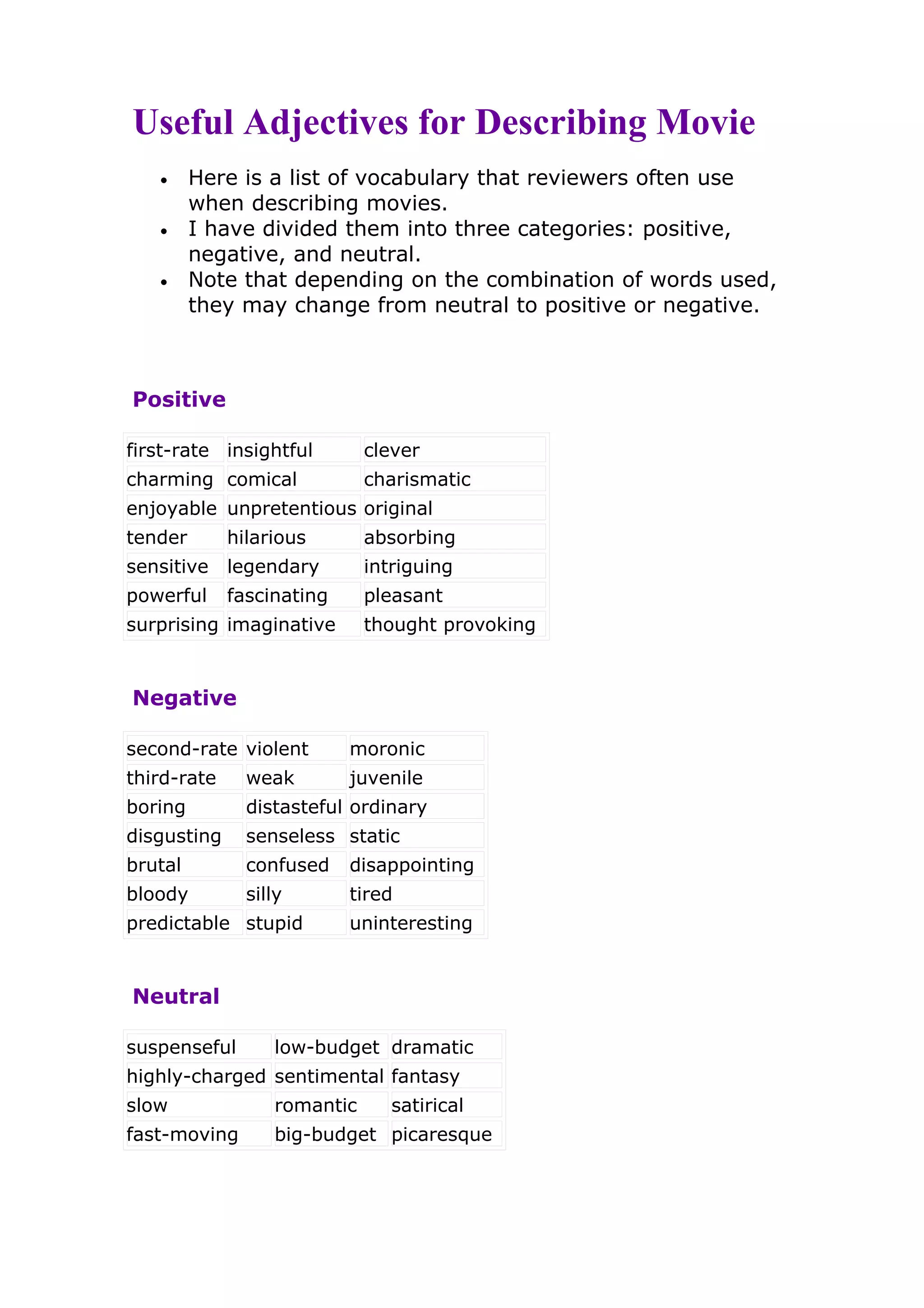 Useful adjectives to describe movies | DOC