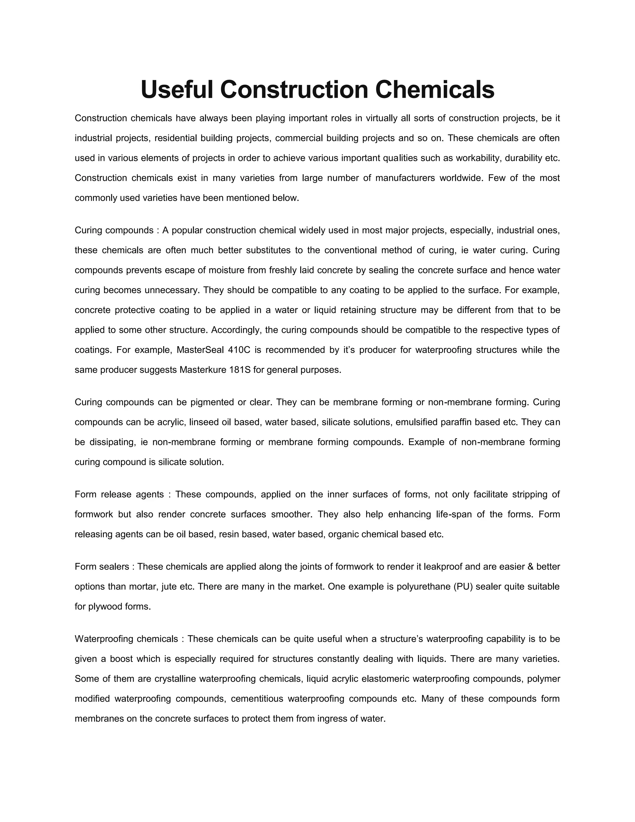 Useful construction chemicals in building construction | PDF