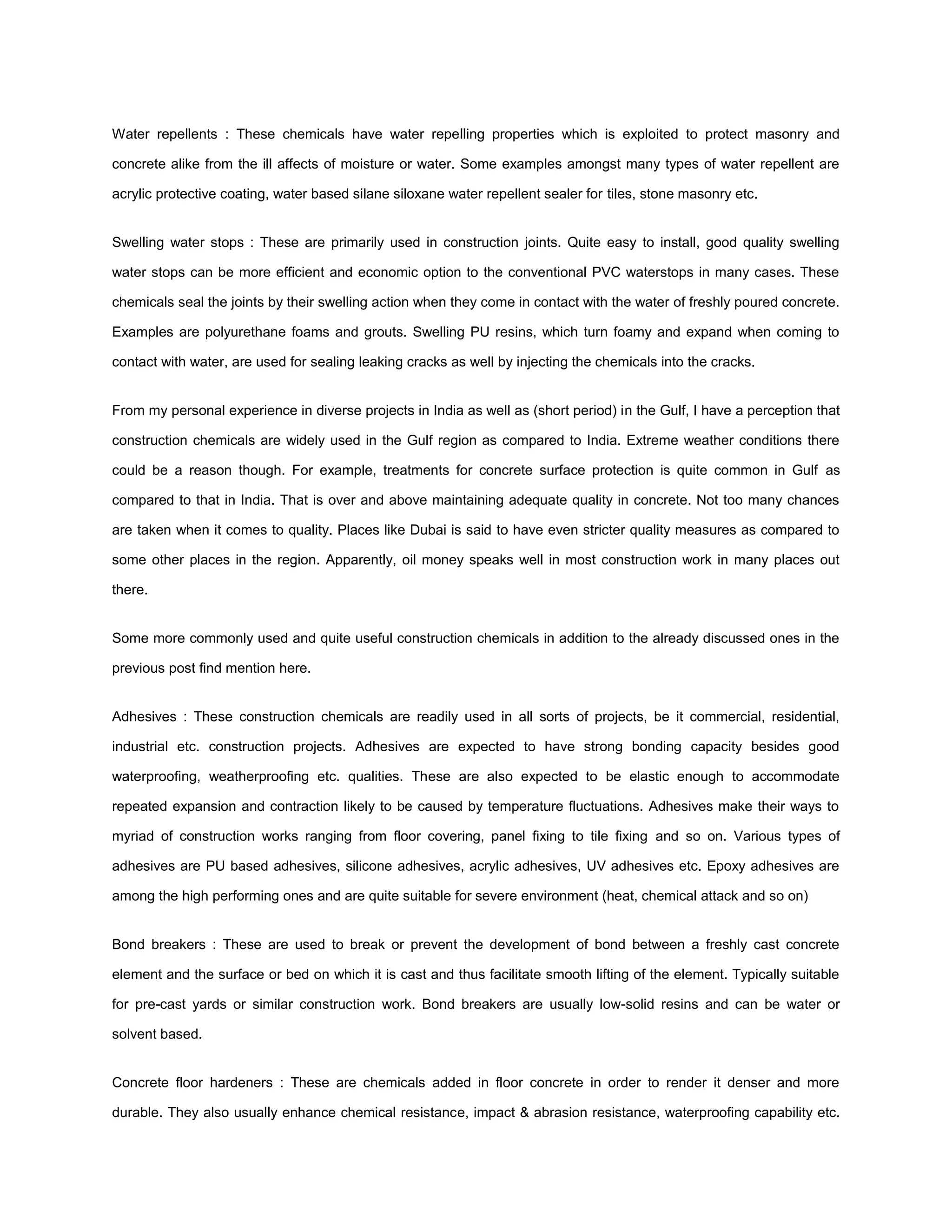 Useful construction chemicals in building construction | PDF