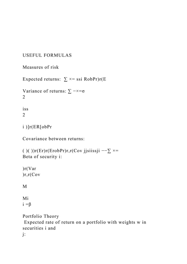 USEFUL FORMULAS Measures of risk Expected returns .docx