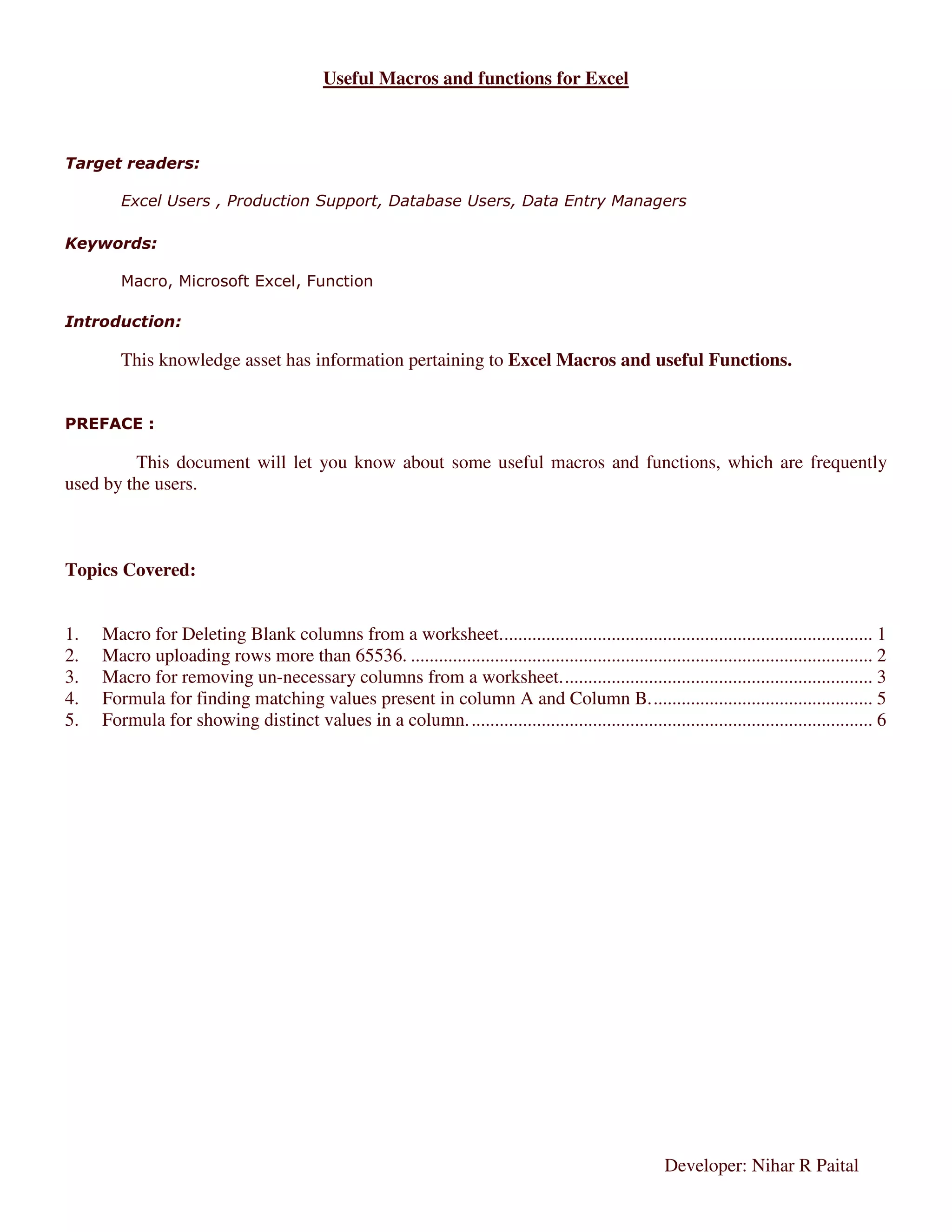 Useful macros and functions for excel | PDF