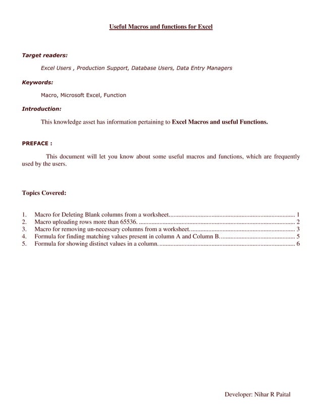 Useful macros and functions for excel | PDF