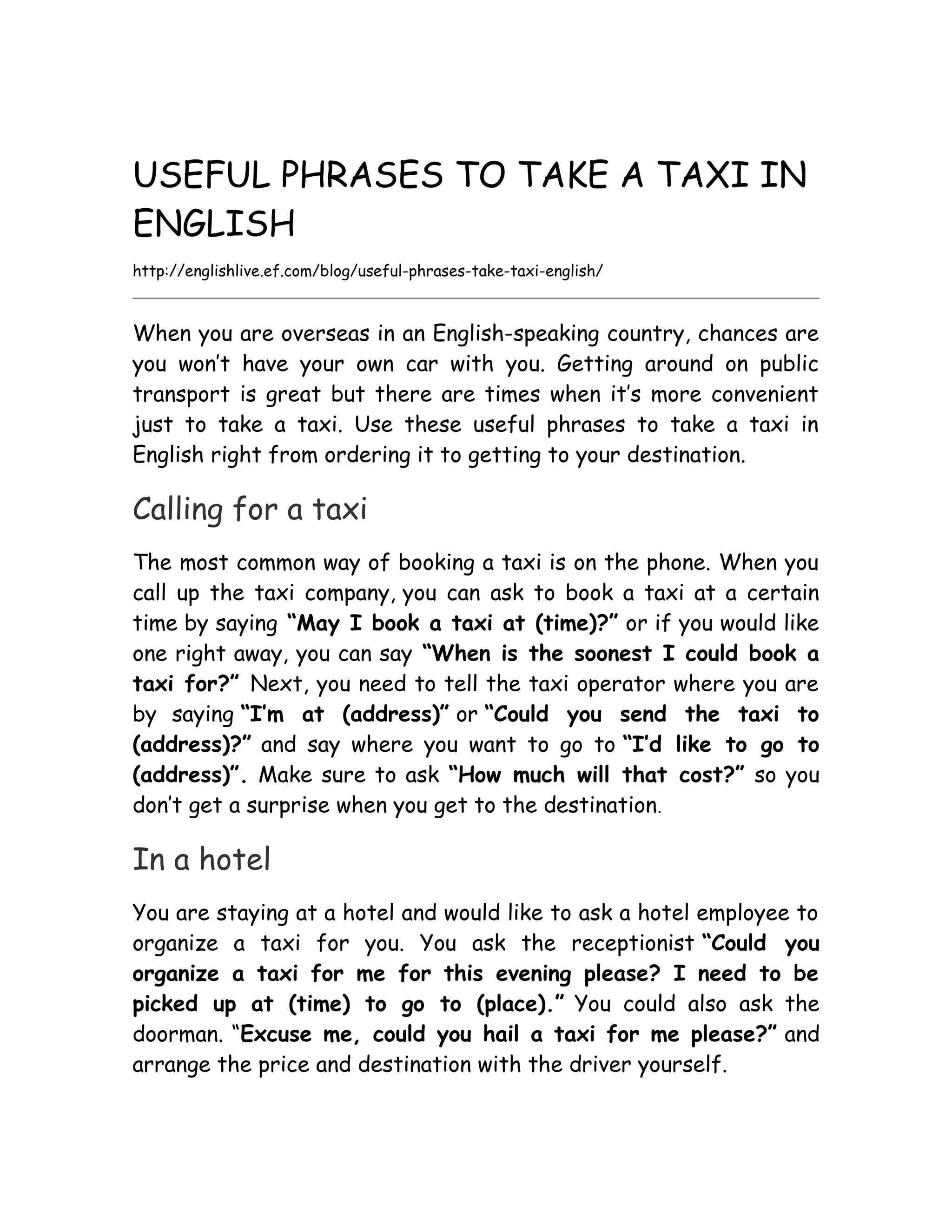 Useful phrases to take a taxi in English | DOC