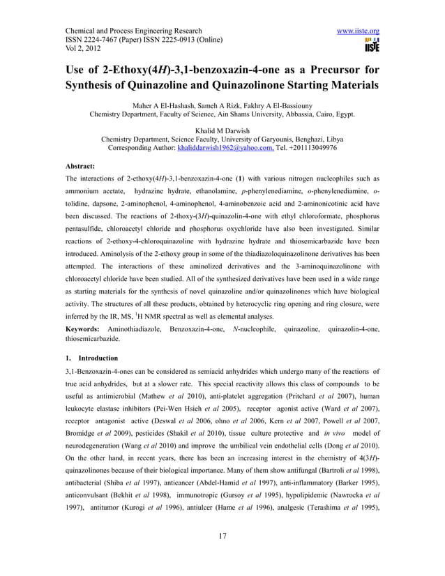 Use of 2 ethoxy(4 h)-3,1-benzoxazin-4-one as a precursor | PDF