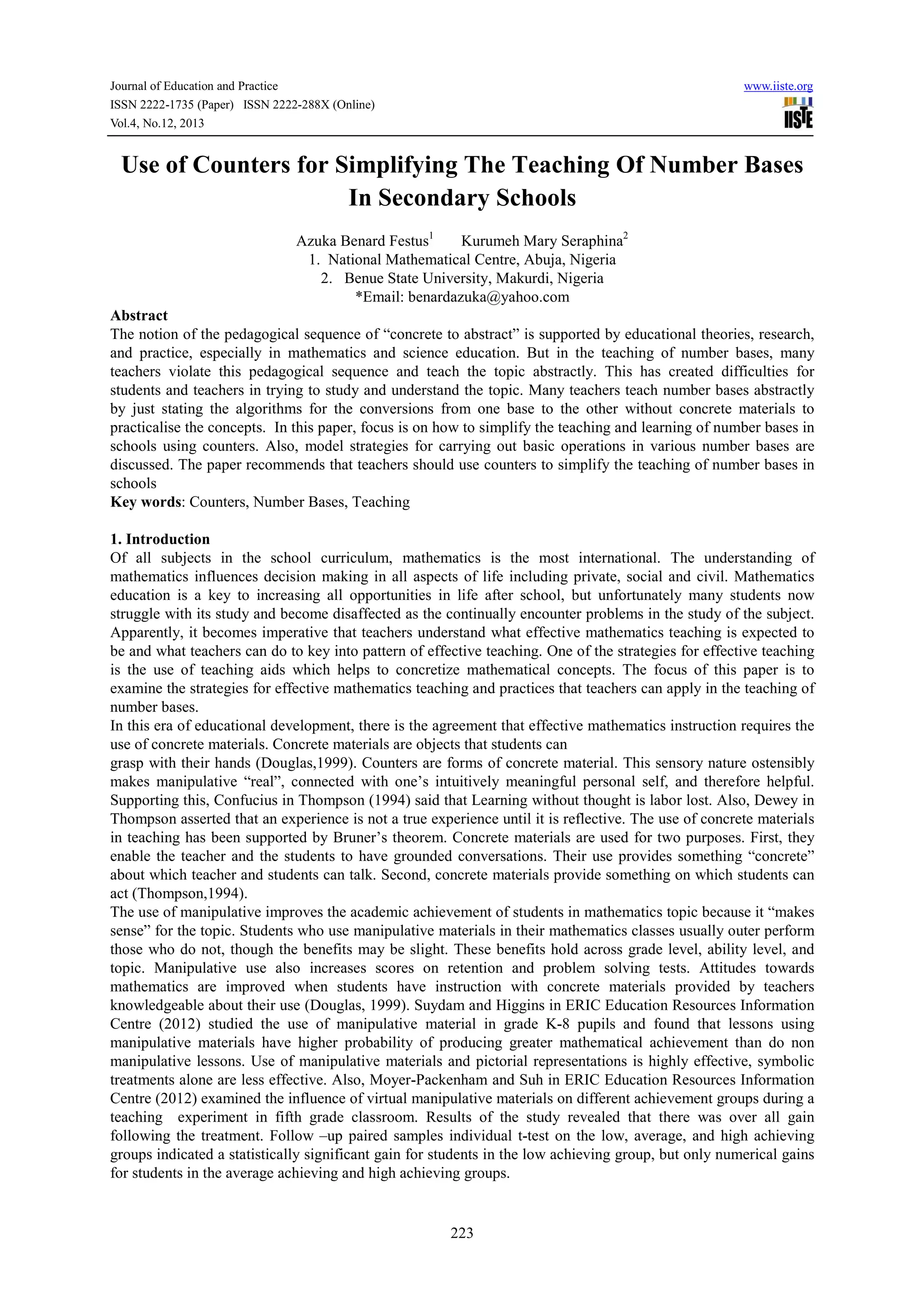 Use of counters for simplifying the teaching of number bases in ...