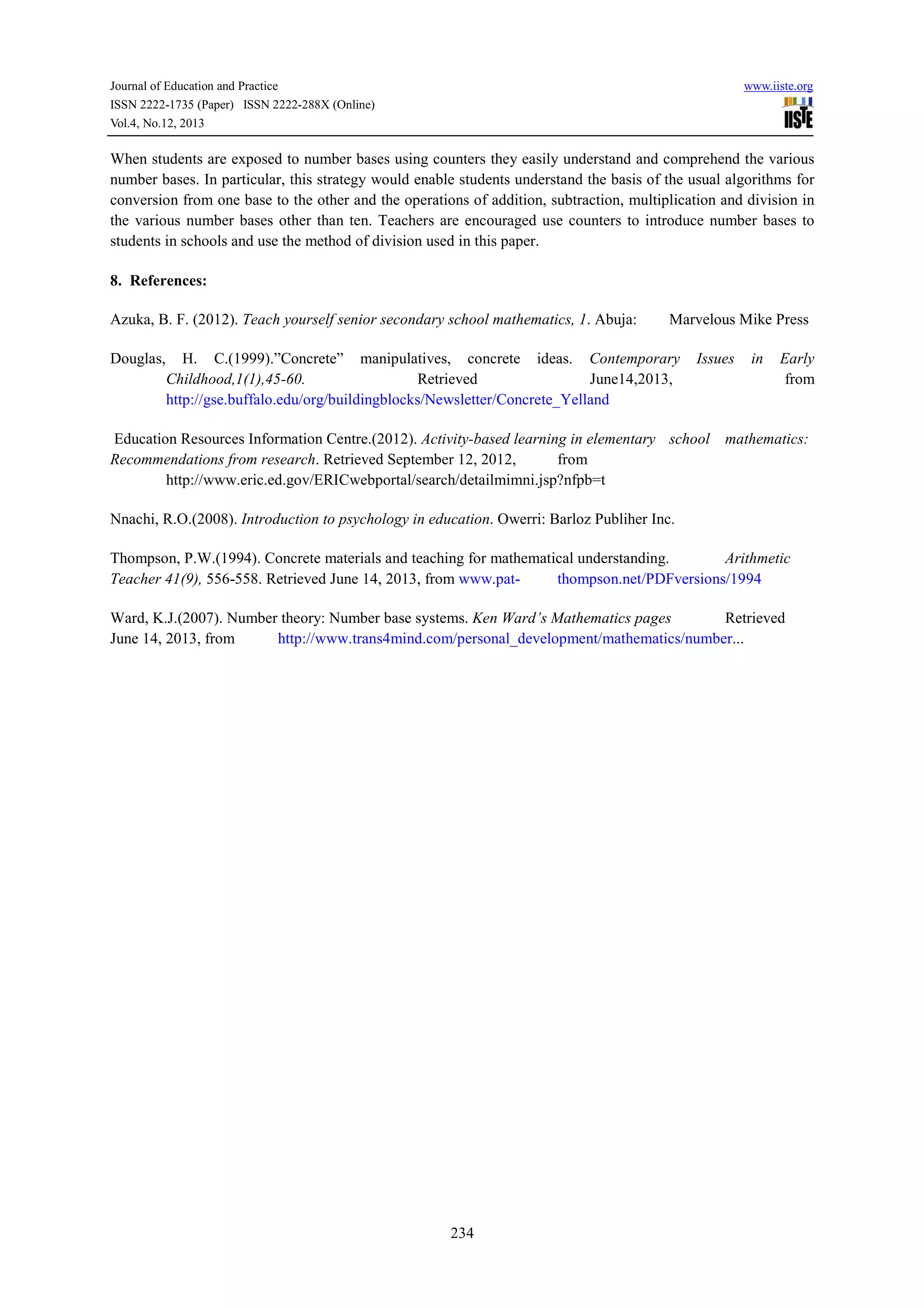 Use of counters for simplifying the teaching of number bases in secondary schools | PDF